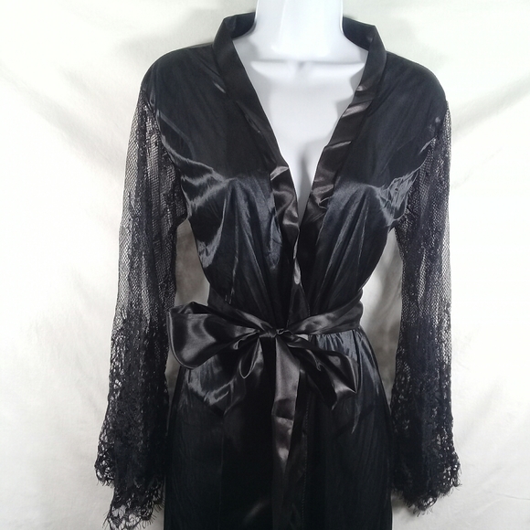 Intimates & Sleepwear | New Black Satin And Lace Robe And Gstring ...